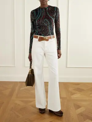 Etro Printed Velvet-trimmed Mesh Blouse