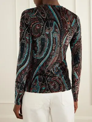Etro Printed Velvet-trimmed Mesh Blouse
