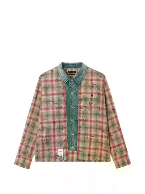 FIVE CM Check-pattern Denim-panel Shirt