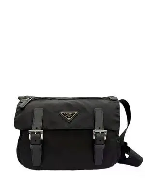 Prada Saffiano Trimmed Tessuto Zip Double Buckle Messenger Bag Cross Body Bag - Black