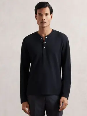 REISS Textured Grandad-collar Henley Shirt - Navy