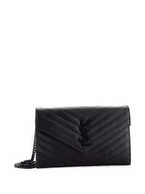 Saint Laurent Classic Monogram Wallet On Chain Matelasse Chevron Leather Medium Crossbody Bag - Black