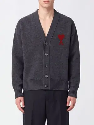 AMI Paris V-neck Wool Cardigan With Contrast Logo - Red