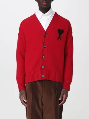 AMI Paris V-neck Wool Cardigan With Contrast Logo - Ruby