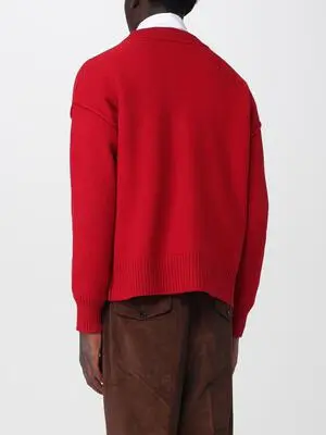 AMI Paris V-neck Wool Cardigan With Contrast Logo - Ruby