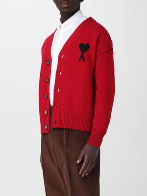 AMI Paris V-neck Wool Cardigan With Contrast Logo - Ruby