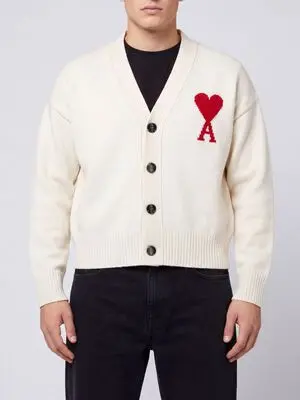 AMI Paris V-neck Wool Cardigan With Contrast Logo - White