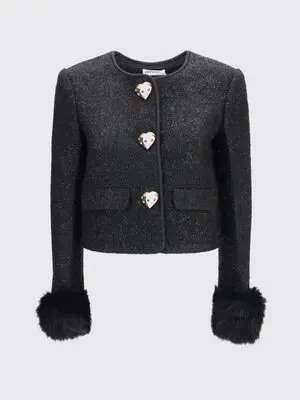 SELF-PORTRAIT Cropped Bouclé Blazer With Jewel Buttons And Fur Cuffs