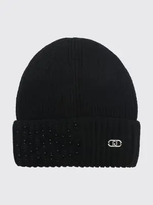 Liu Jo Ribbed Beanie With Cuff And Rhinestone And Bead Embellishments - Black
