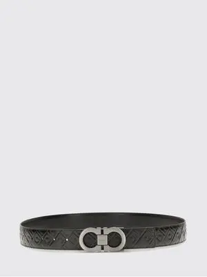 FERRAGAMO Gancini Monogram Pattern Leather Belt With Metal Buckle - Black