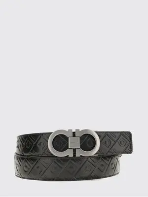 FERRAGAMO Gancini Monogram Pattern Leather Belt With Metal Buckle - Black