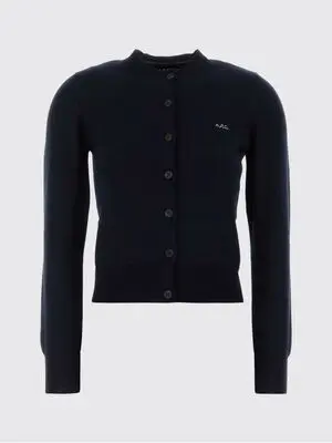 A.p.c. Crewneck Cardigan In Virgin Wool And Cotton Blend With Contrast Logo - Navy