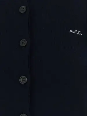 A.p.c. Crewneck Cardigan In Virgin Wool And Cotton Blend With Contrast Logo - Navy