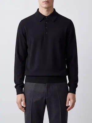 TOM FORD Long-sleeved Wool Knit Polo Shirt With Ribbed Trims - Black