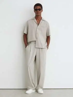 REISS Cuban-collar Short-sleeve Shirt - Light Stone