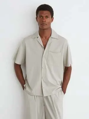 REISS Cuban-collar Short-sleeve Shirt - Light Stone