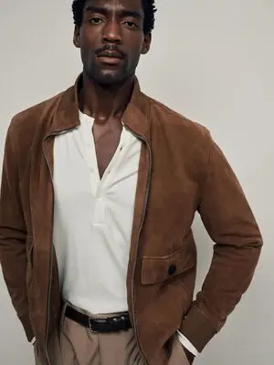 REISS Suede Funnel-neck Bomber Jacket - Brown