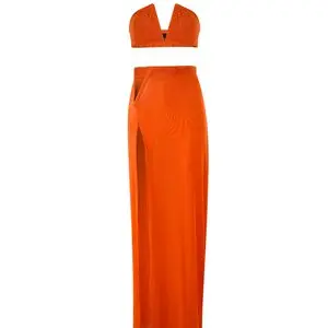 ÚCHÈ Deep V Tube Top And High Slit Skirt Set - Orange