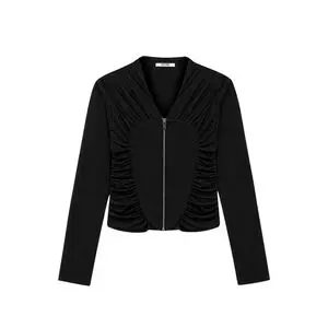NOCTURNE Ruffle Trim Zip Front Blouse - Black