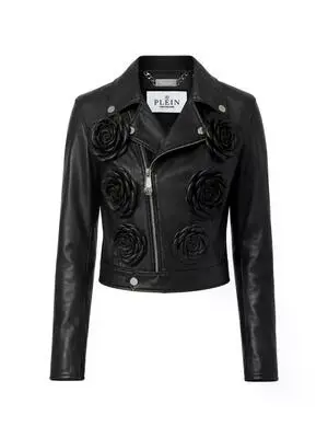 Philipp Plein Cropped Leather Biker Jacket With Floral Embellishments - Black