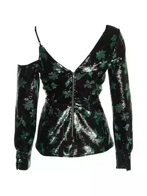 SELF-PORTRAIT V-neck Sequined Asymmetrical Top - Black