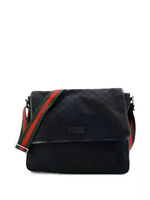 Gucci Web Strap Flap Messenger Gg Canvas Medium Crossbody Bag - Black