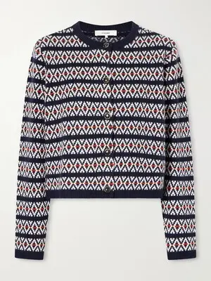 FRAME The Cashmere Cardigen Intarsia Wool And Cashmere-blend Cardigan - Blue