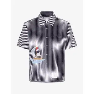 Thom Browne Sailboat-embroidered Striped Cotton Shirt - Navy