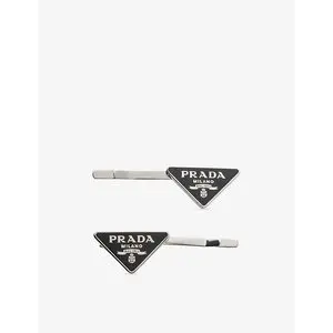 Prada Triangle Logo Metal Hair Clips - Black