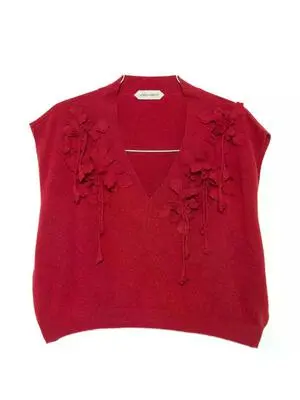 Alberta Ferretti Floral-appliqué V-neck Sweater - Red