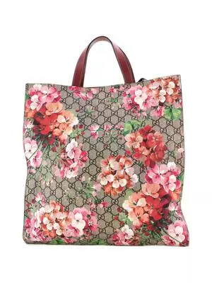 Gucci Convertible Soft Open Blooms Print Gg Coated Canvas Tall Tote Bag - Brown