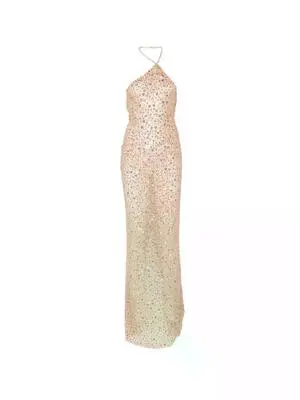 THE NEW ARRIVALS ILKYAZ OZEL Sequin-embellished Halterneck Maxi Dress - Neutrals
