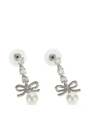 SELF-PORTRAIT Crystal And Faux Pearl Bow Drop Earrings - Silver