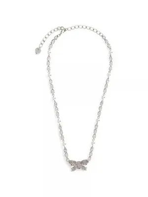 SELF-PORTRAIT Crystal Pearl Bow Necklace - Silver