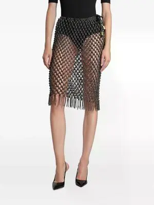 HIBOURAMA Crystal Woven Fringed Midi Skirt - Black