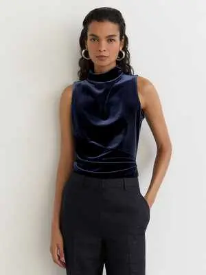 REISS Velvet High-neck Sleeveless Top - Navy