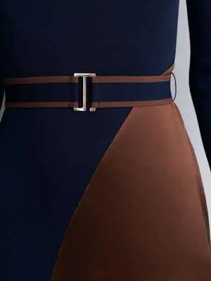 REISS Knitted Satin-panel Belted Midi Dress - Navy/camel
