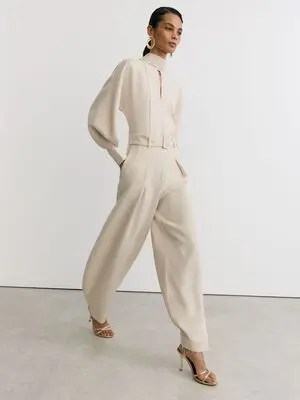 REISS High-neck Belted Barrel-leg Jumpsuit - Beige