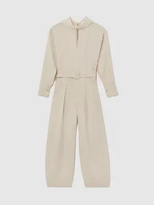 REISS High-neck Belted Barrel-leg Jumpsuit - Beige