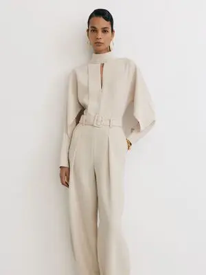 REISS High-neck Belted Barrel-leg Jumpsuit - Beige