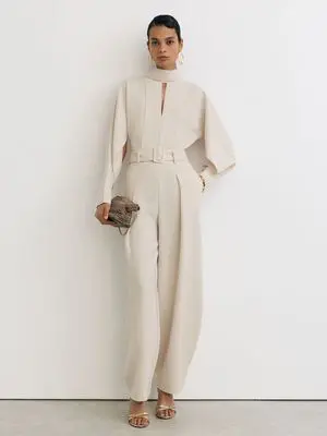 REISS High-neck Belted Barrel-leg Jumpsuit - Beige
