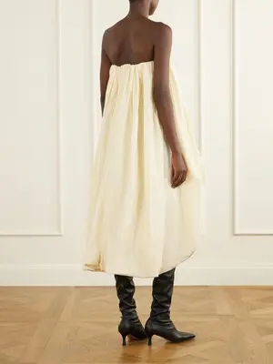 JIL SANDER Strapless Gathered Taffeta Midi Dress