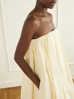 JIL SANDER Strapless Gathered Taffeta Midi Dress