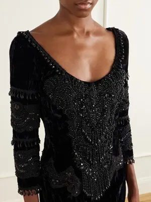 Anna Sui Fringed Bead-embellished Lace-trimmed Velvet Blouse