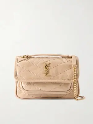 Saint Laurent Niki Mini Cassandre-embellished Crinkled-leather Shoulder Bag - Neutrals