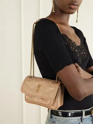 Saint Laurent Niki Mini Cassandre-embellished Crinkled-leather Shoulder Bag - Neutrals