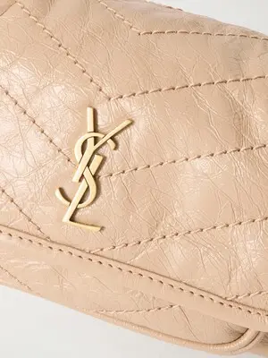 Saint Laurent Niki Mini Cassandre-embellished Crinkled-leather Shoulder Bag - Neutrals