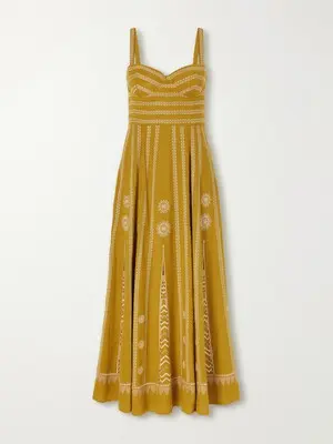EMPORIO SIRENUSE Elida Pleated Embroidered Linen-cotton Maxi Dress - Yellow