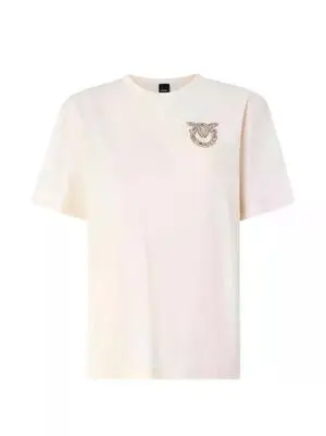 Pinko Cotton T-shirt With Love Birds Jewel Detail - Neutrals