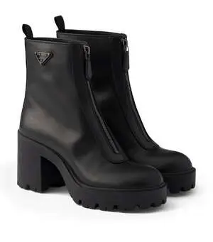 Prada Leather Zipped Heeled Ankle Boots 85
